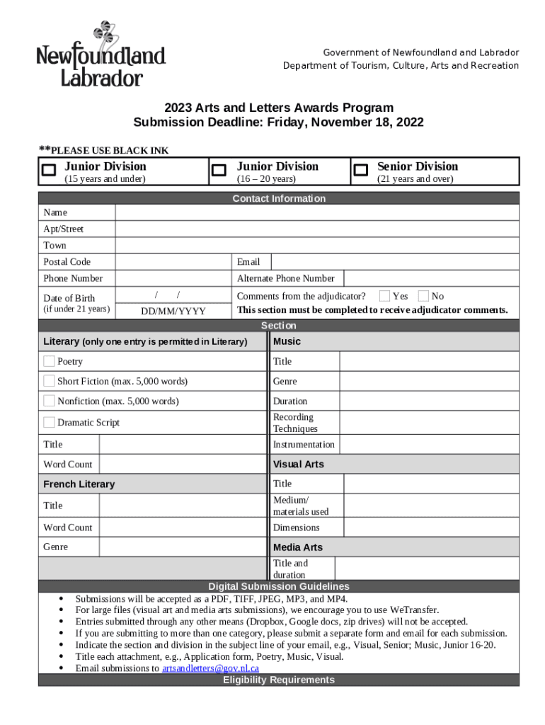 2023 Arts and Letters Awards Program Submission Deadline Doc Template | pdfFiller