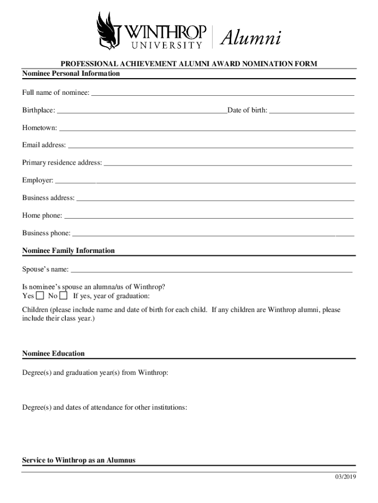 Fillable Online professional achievement alumni award nomination form Fax Email Print - pdfFiller