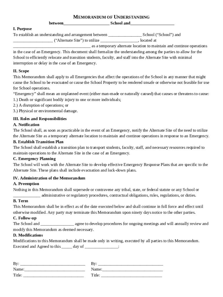 Sample Memorandum of Understanding: Alternate Site - rems ed Doc ...