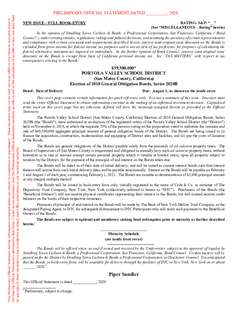 Fillable Online Preliminary Official Statement Portola Valley SD ...