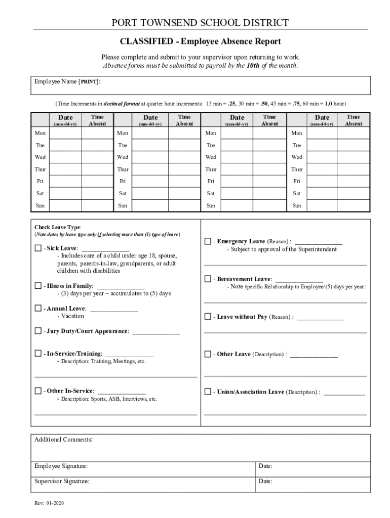 Fillable Online CLASSIFIED - Employee Absence Report Fax Email Print - pdfFiller