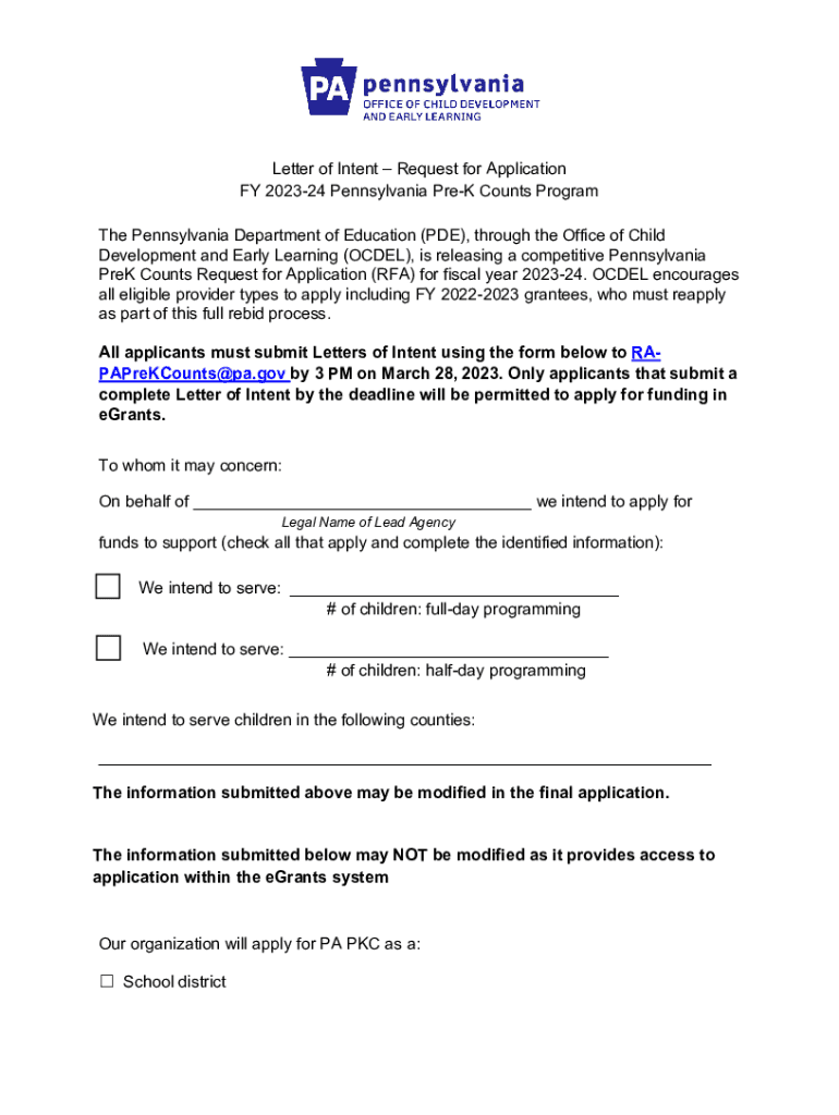 Fillable Online Letter of Intent Request for Application FY 2023-24 ...