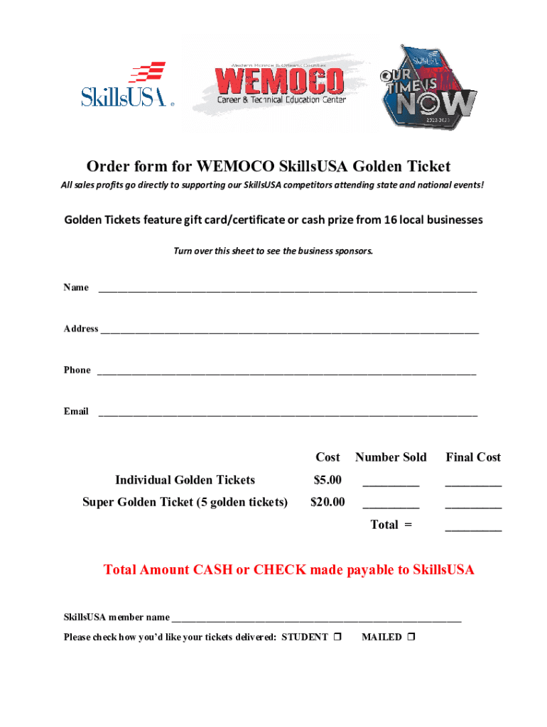 Fillable Online Order form for WEMOCO SkillsUSA Golden Ticket Fax Email ...