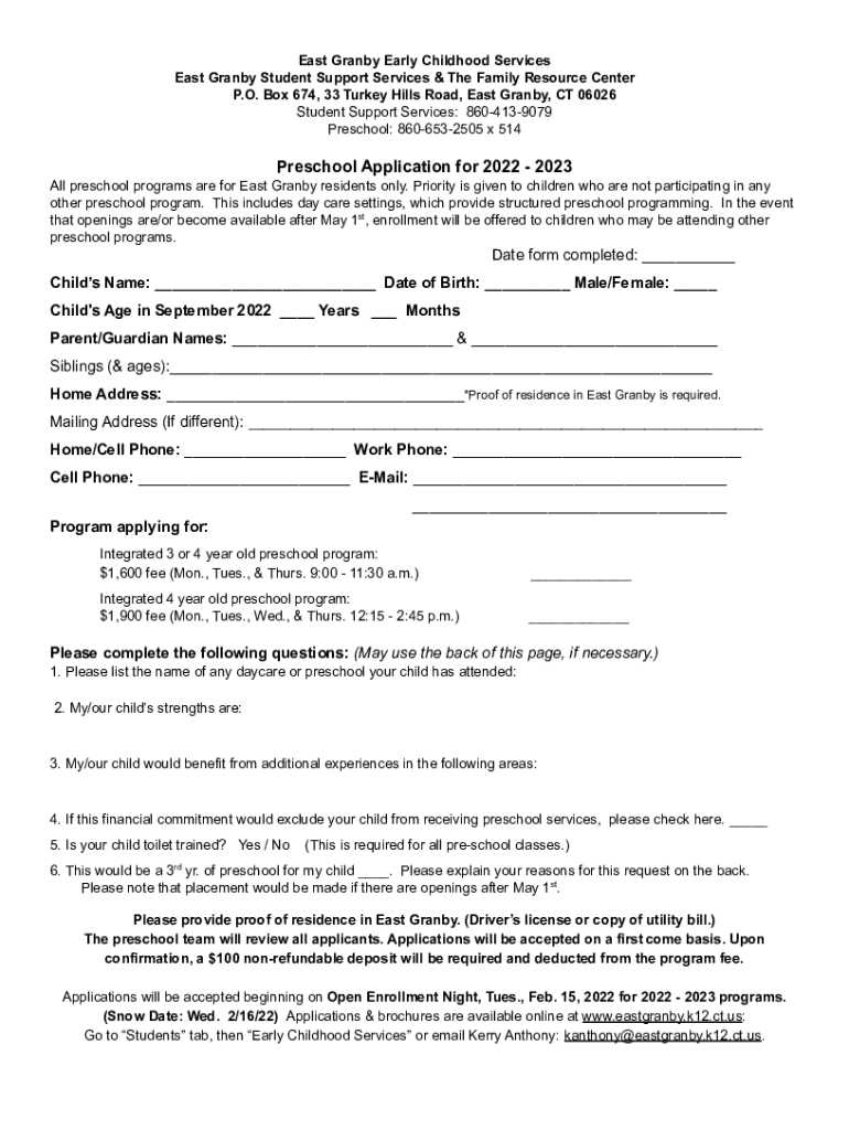 Fillable Online Preschool Application for 2022 - 2023 Fax Email Print ...
