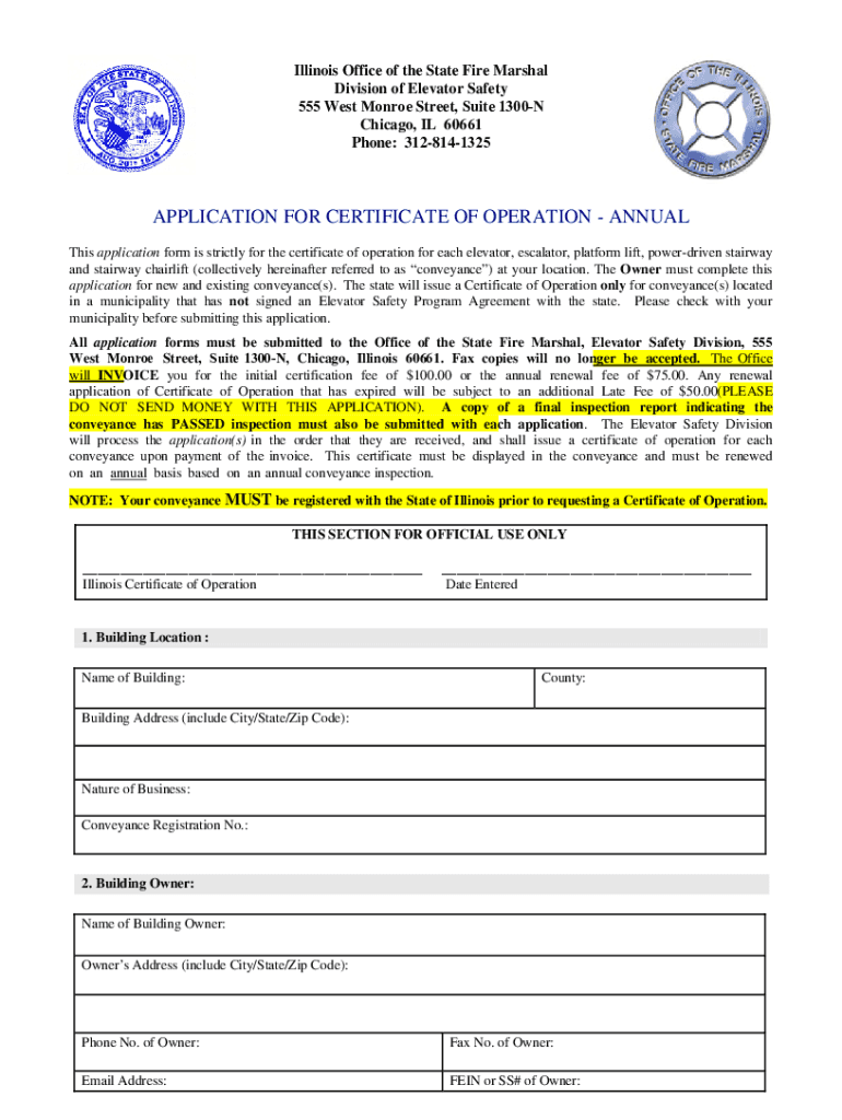 Fillable Online sfm illinois Application for Certificate of Operation ...