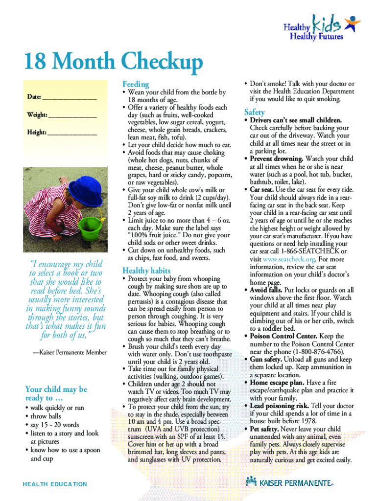 Fillable Online mydoctor kaiserpermanente Healthy Kids - 18 Month ...