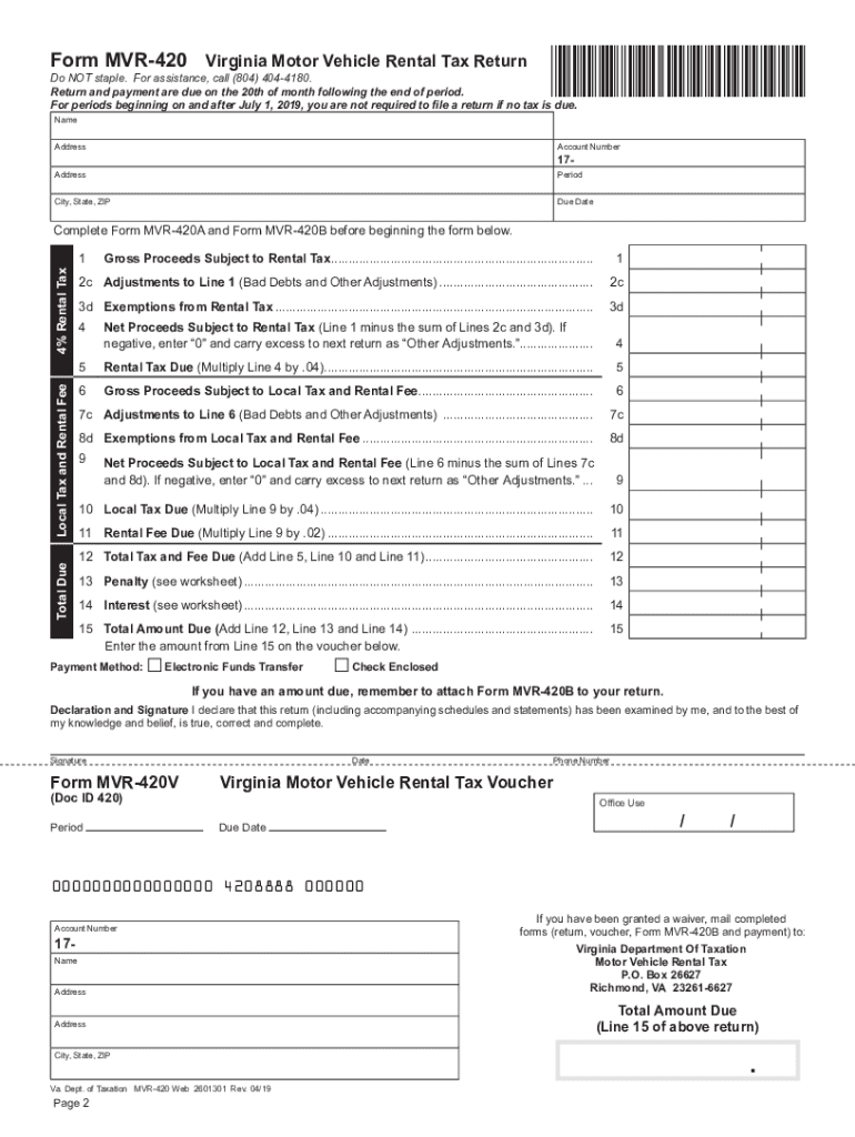 Fillable Online Form MVR-420 - Virginia Motor Vehicle Rental Tax Return ...