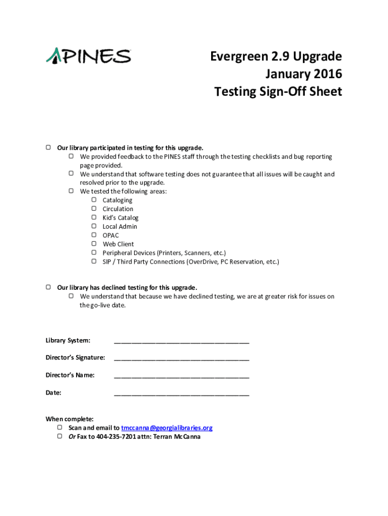 Fillable Online pines georgialibraries Your Software Testing Sign Off ...