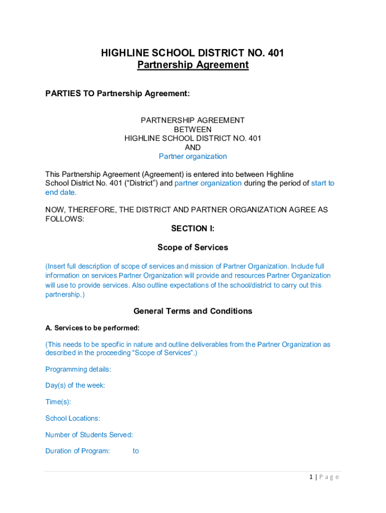 Fillable Online HIGHLINE SCHOOL DISTRICT NO. 401 Partnership Agreement ...