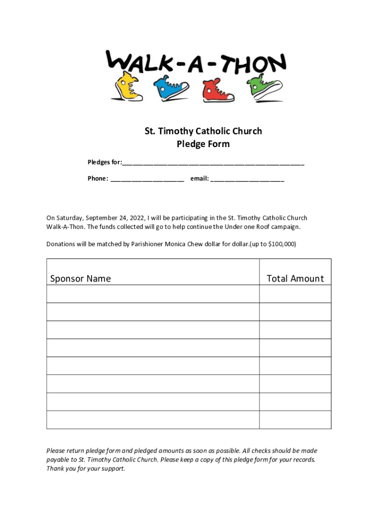 Fillable Online St. Timothy Catholic Church Pledge Form Sponsor Name ...