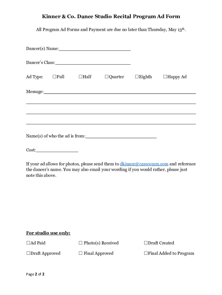 Fillable Online Kinner & Co. Dance Studio Recital Program Ad Form Fax Email Print - pdfFiller