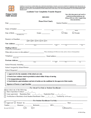 Fillable Online Academic Year Completion Transfer Request Fax Email ...