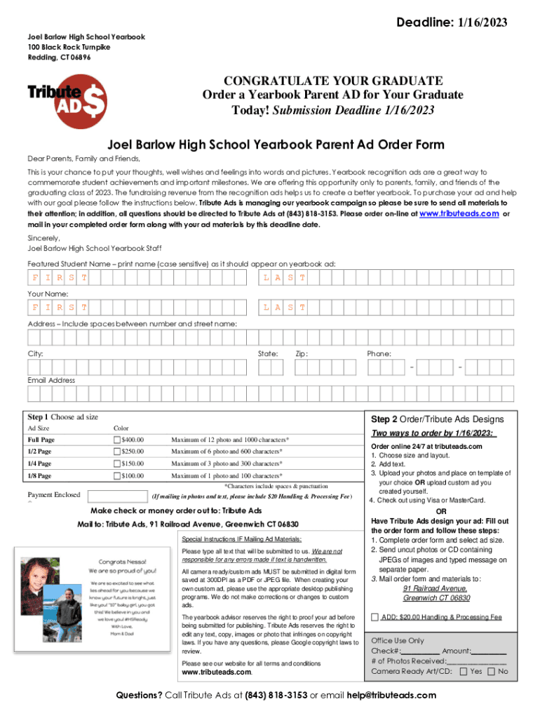 Fillable Online Joel Barlow High School Yearbook Parent Ad Order Form Fax Email Print - pdfFiller