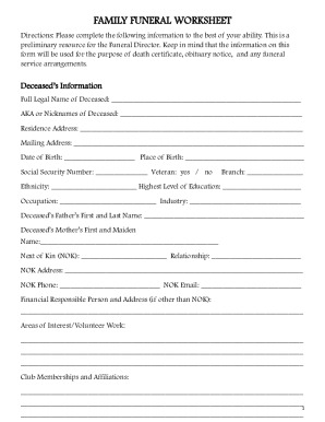 Fillable Online FAMILY FUNERAL WORKSHEET Fax Email Print - pdfFiller