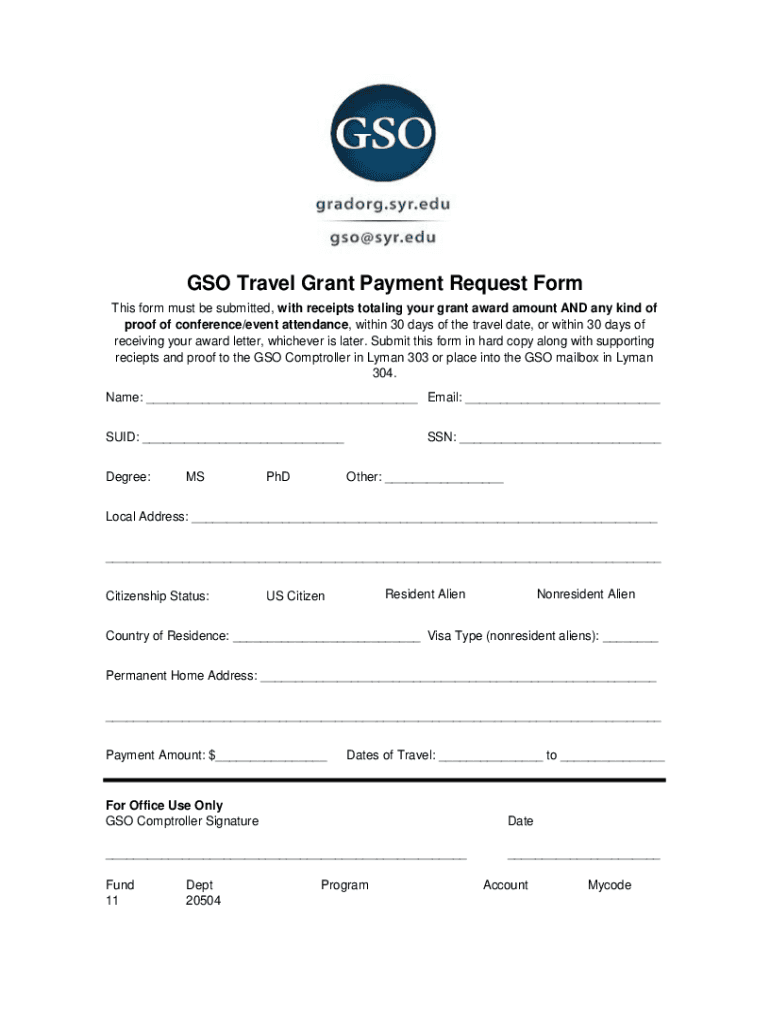 Fillable Online gradorg syr GSO Travel Grant Payment Request Form Fax ...