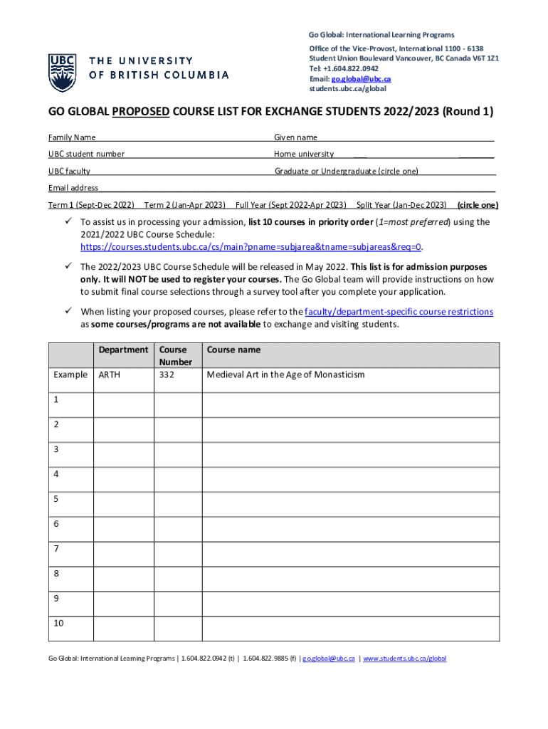Fillable Online students ubc Go Global Proposed Course LIst for Exchange Studnents 2022/23 ...