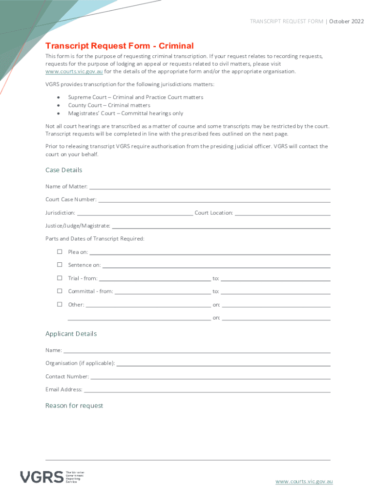 Fillable Online courts vic gov Transcript Request Form - Criminal Fax ...