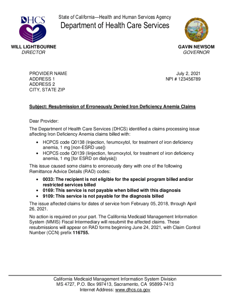 Fillable Online files medi-cal ca 31200P42824Resubmission of Erroneously Denied Iron Deficiency ...