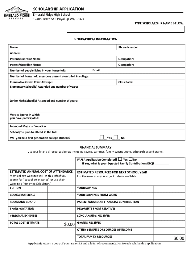 Fillable Online erhs puyallup k12 wa Financial Aid and Scholarships - Emerald Ridge High School ...