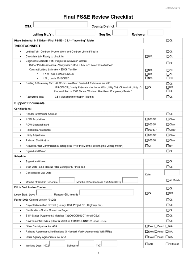 Fillable Online plans dot state tx Final PS&E Review Checklist Fax ...