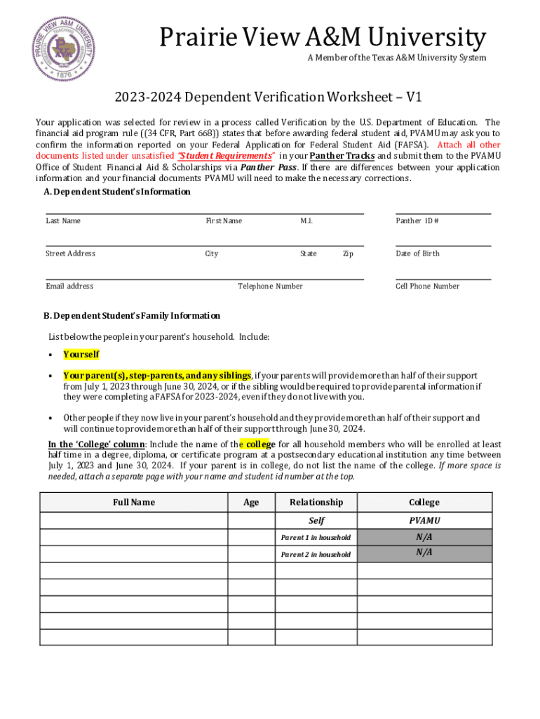 Fillable Online 2023-2024 Dependent Verification Worksheet V1 Fax Email Print - pdfFiller
