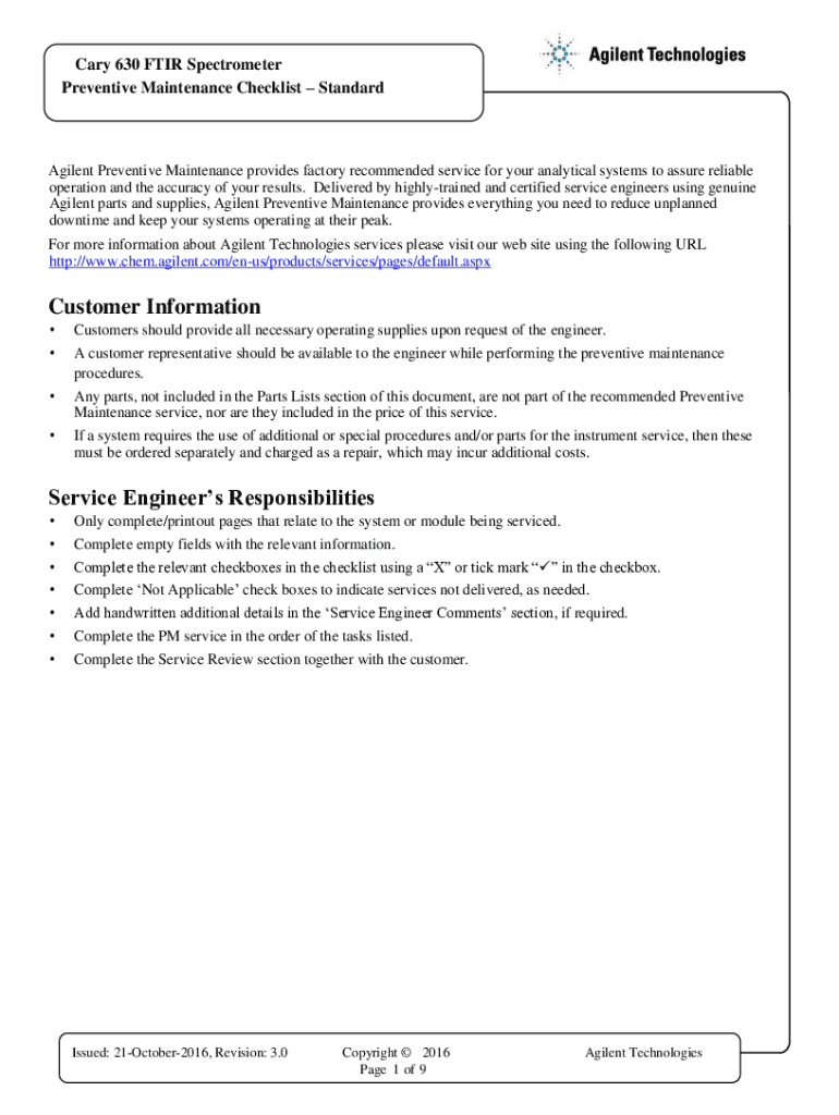 Fillable Online 630 FTIR Preventative Maintenance Checklist. 630 FTIR ...