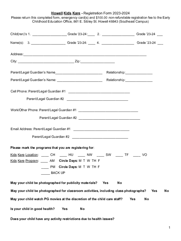 Fillable Online Kid's Kare - Registration Form 2023-2024 Fax Email ...