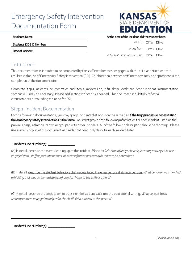 Fillable Online Emergency Safety Intervention Sample Documentation Form ...