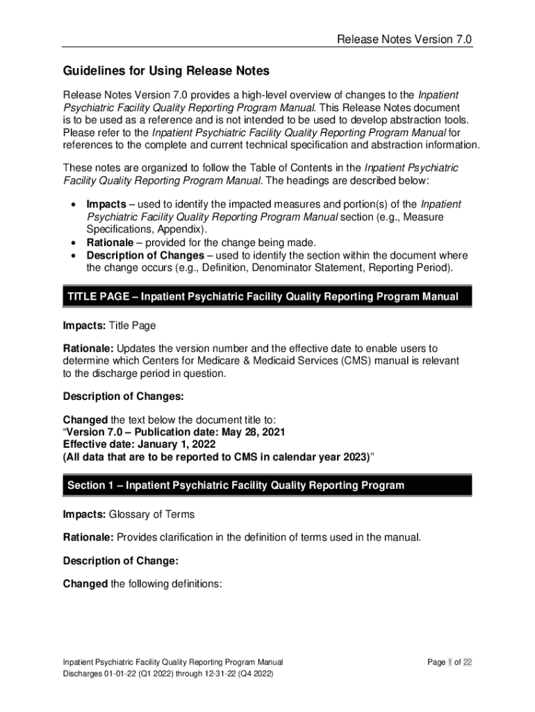 Fillable Online IPFQR Program Manual v7.0 Release Notes. Guidelines for ...