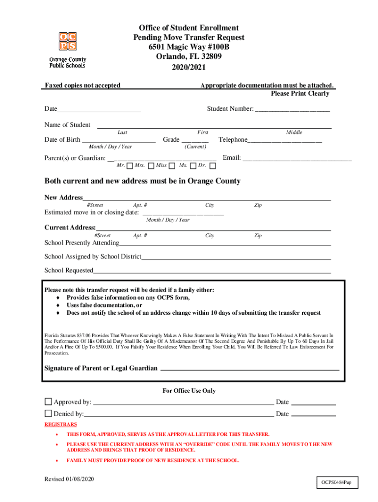 Fillable Online Office of Student Enrollment Pending Move Transfer ...