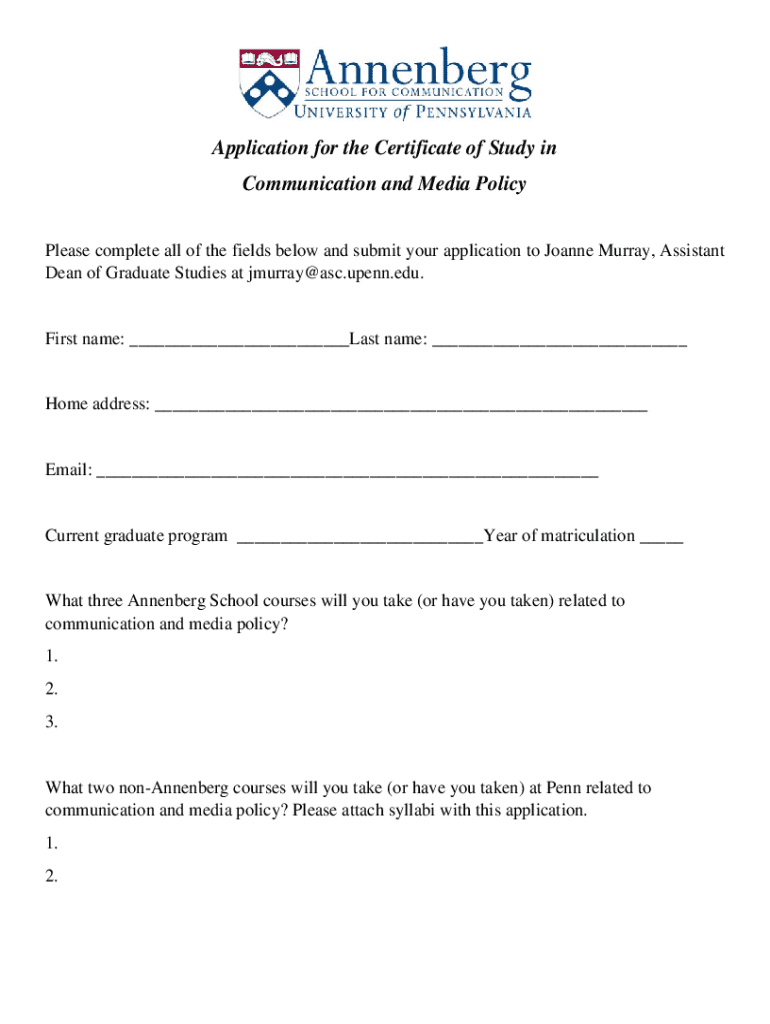 Fillable Online Application for the Certificate of Study in ... Fax ...
