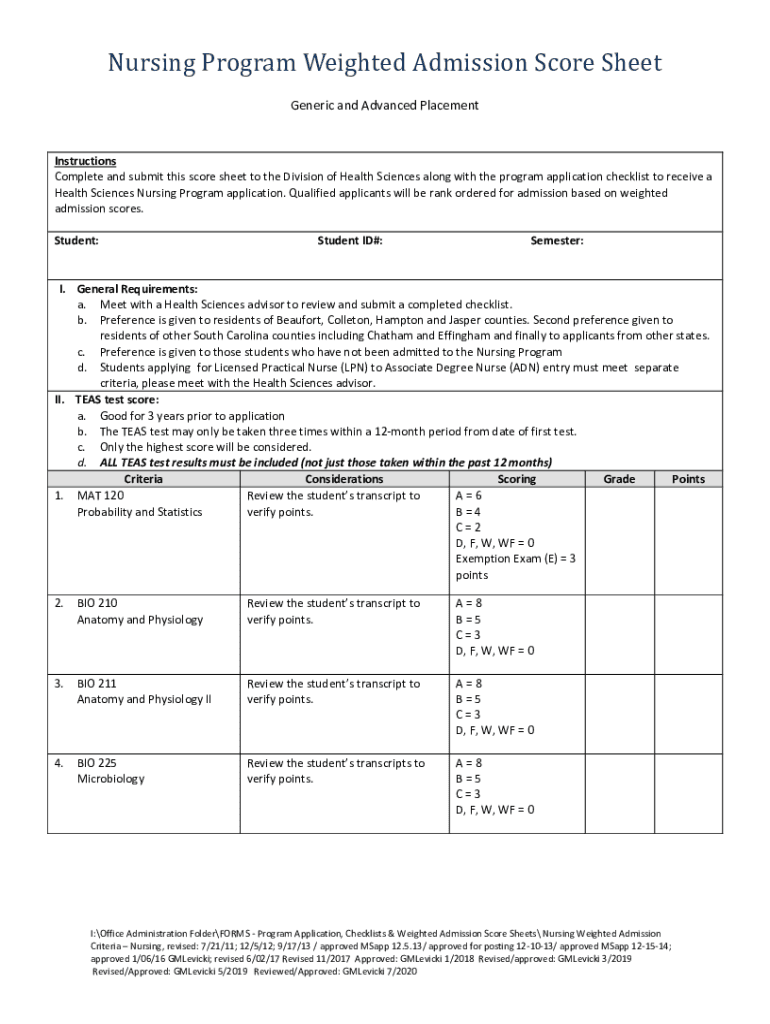 Fillable Online Nursing Program Weighted Admission Score Sheet - TCL ...