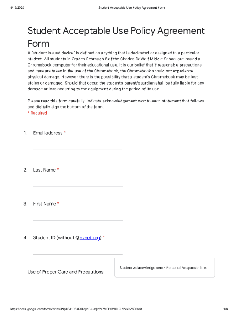 Fillable Online Student Acceptable Use Policy Agreement Form Fax Email ...