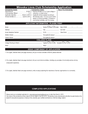 Fillable Online Minooka Lions Club Scholarship Application Fax Email ...