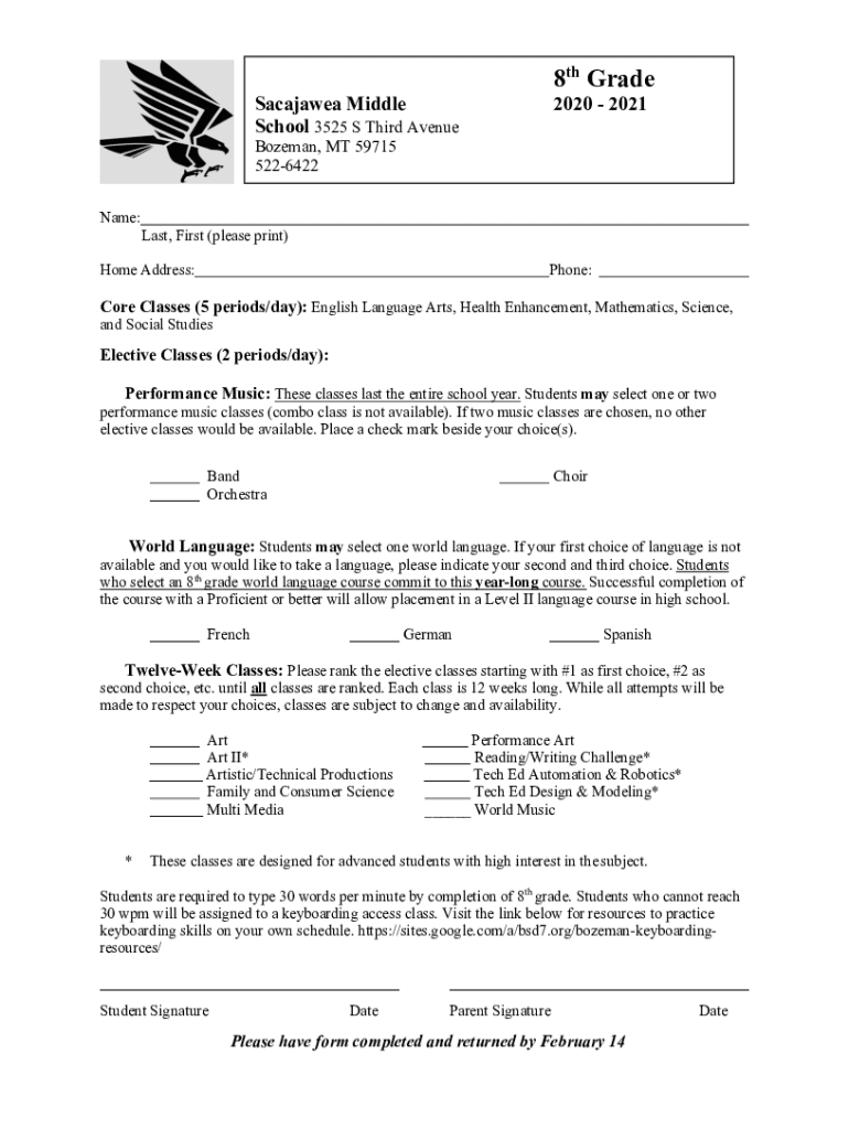 Fillable Online 8th Grade Elective Choice Form 2020-2021 PDF Fax Email Print - pdfFiller