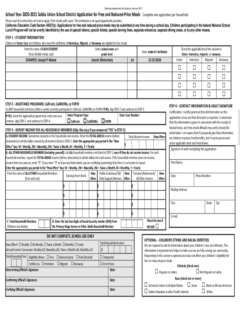 Fillable Online Free and Reduced Meal Application Information Fax Email ...
