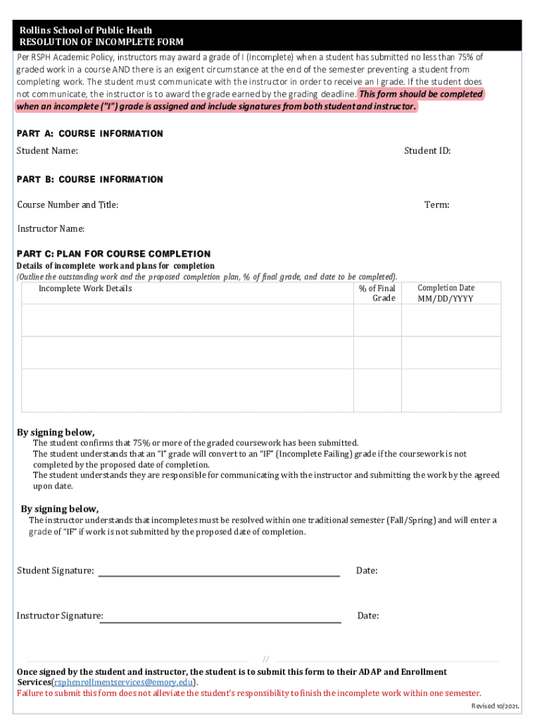 Fillable Online sph emory RESOLUTION OF INCOMPLETE FORM Fax Email Print - pdfFiller