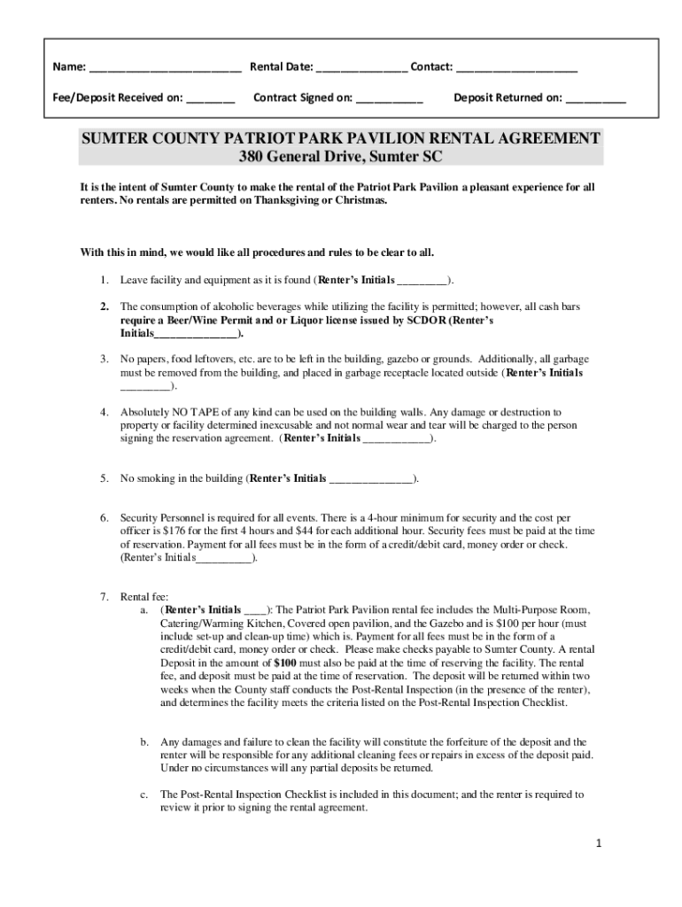 Fillable Online Sumter County Patriot Park Pavilion Rental Agreement ...