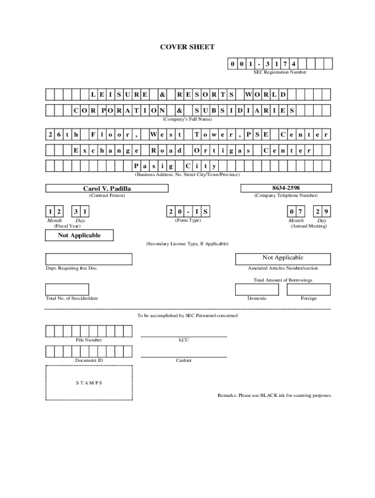 Fillable Online COVER SHEET SEC Registration Number - Company Name Fax ...