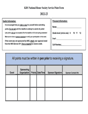 Fillable Online KHS National Honor Society Service Point Form Fax Email ...
