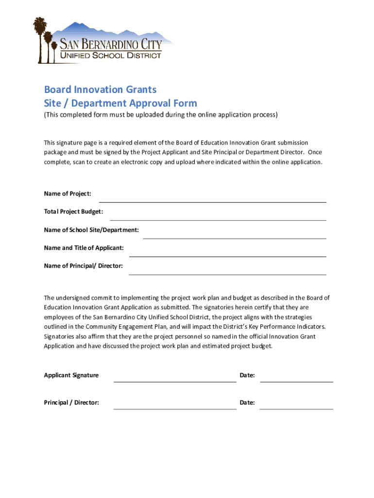 Fillable Online Board Innovation Grants Site / Department Approval Form ...