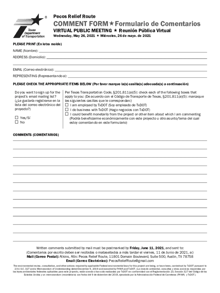 Completable En línea plans dot state tx Comment Form. Pecos Relief ...