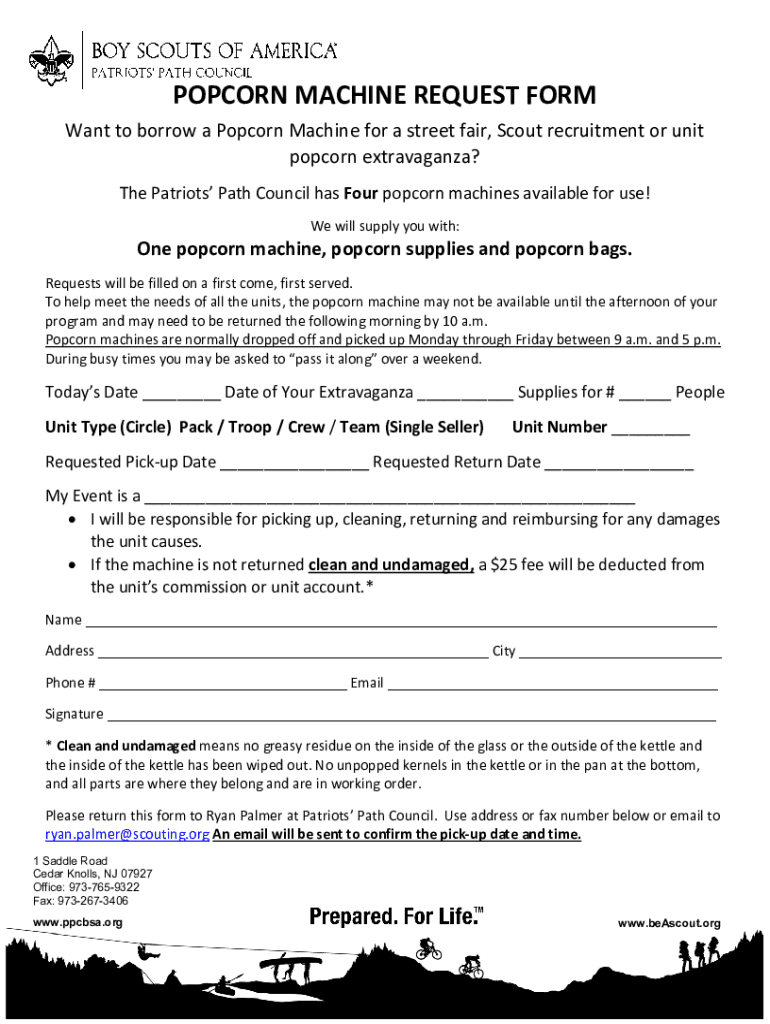 Fillable Online Boy Scout Popcorn Machine Rental Form Fax Email Print - pdfFiller