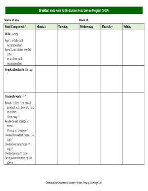 Breakfast Menu for the Summer Food Service Program (SFSP) Doc Template ...