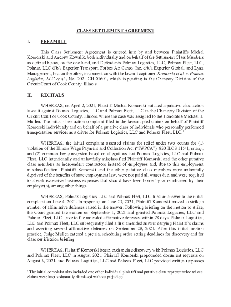 Fillable Online CLASS SETTLEMENT AGREEMENT I. PREAMBLE This Class ...