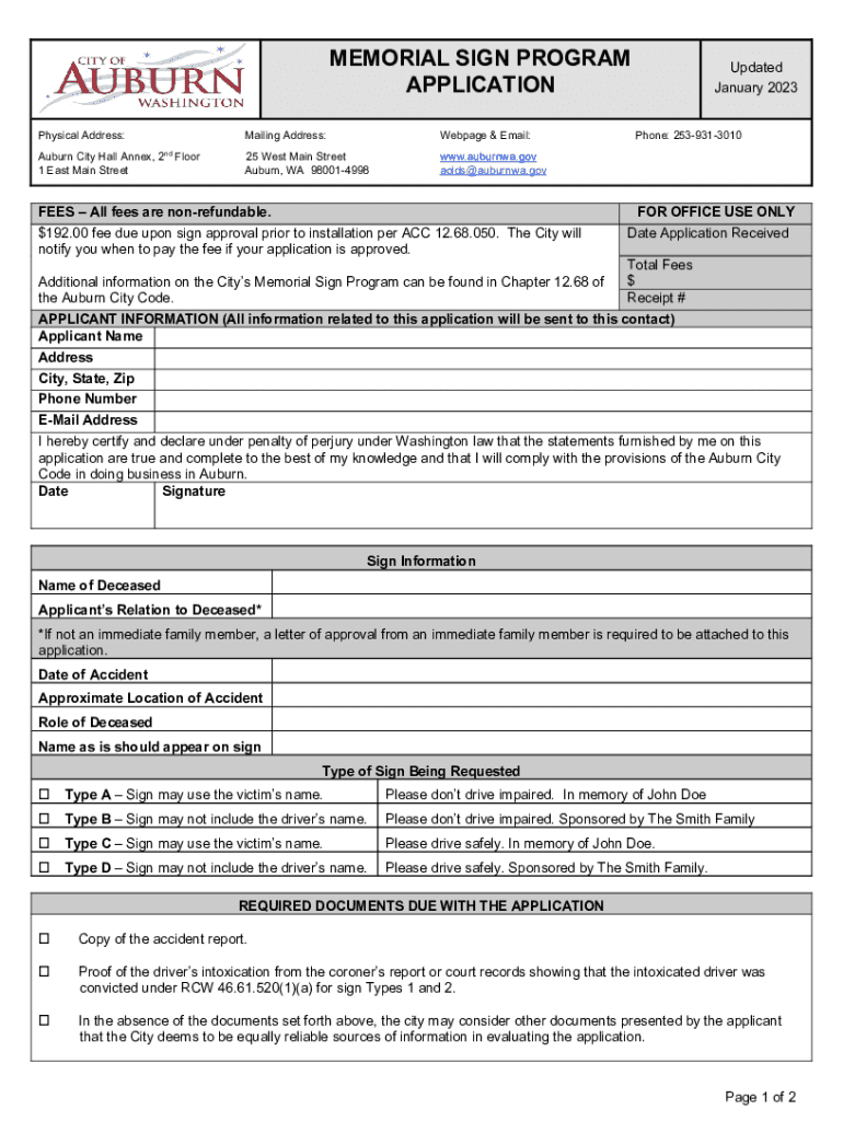 Fillable Online MEMORIAL SIGN PROGRAM APPLICATION Fax Email Print - pdfFiller