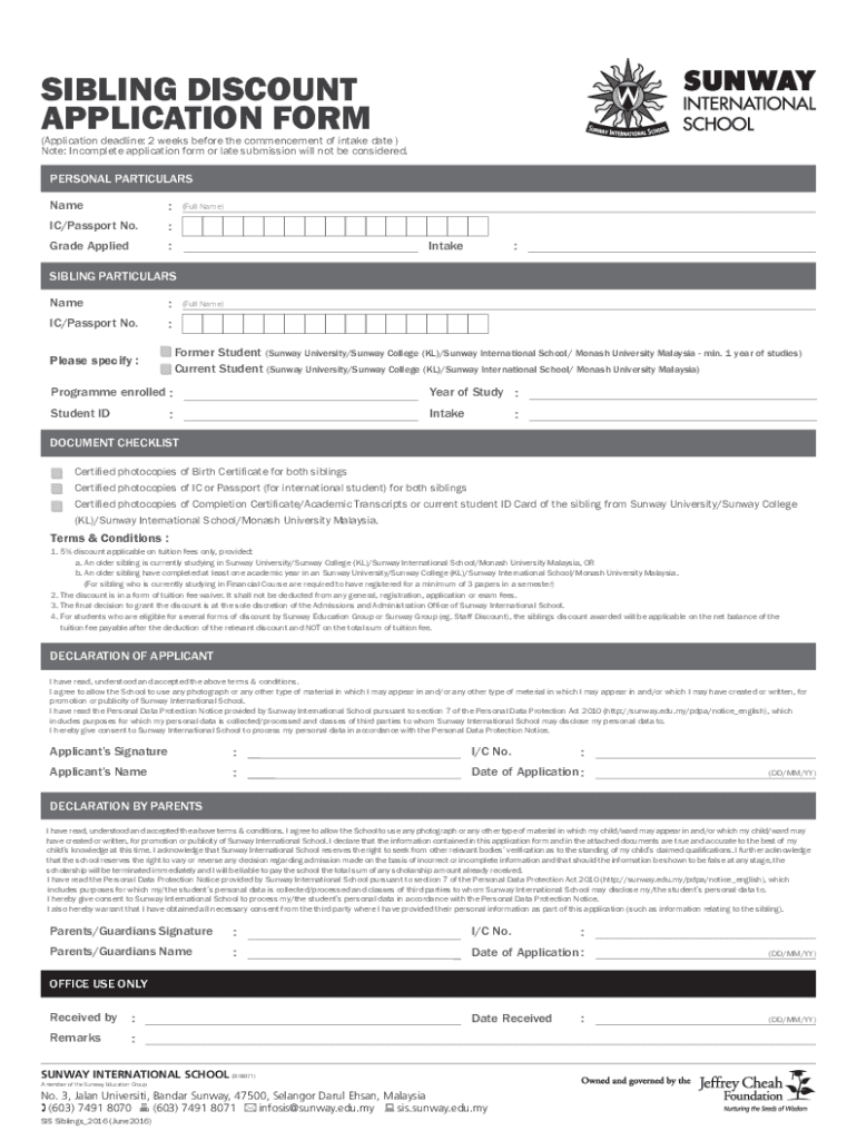 Fillable Online SIBLING DISCOUNT APPLICATION FORM Fax Email Print ...