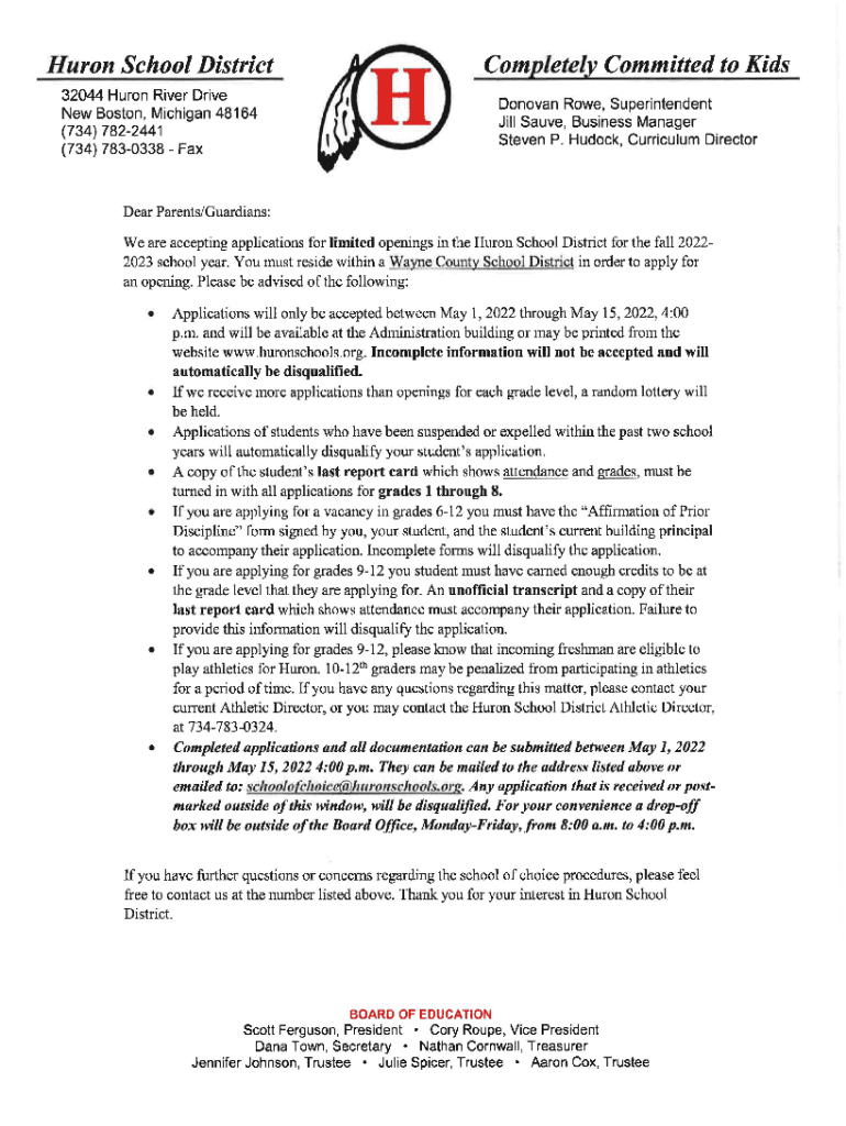 Fillable Online 32044 Huron River Drive Donovan Rowe, Superintendent ...