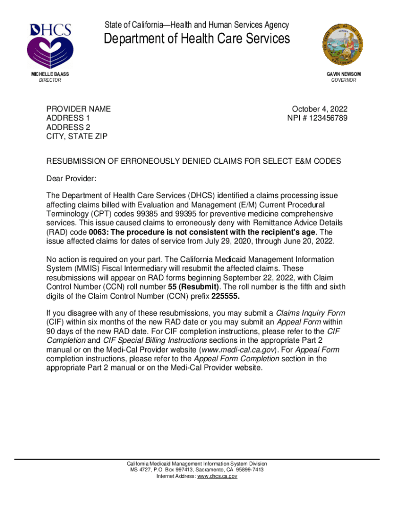 Fillable Online files medi-cal ca Resubmission of Erroneously Denied ...