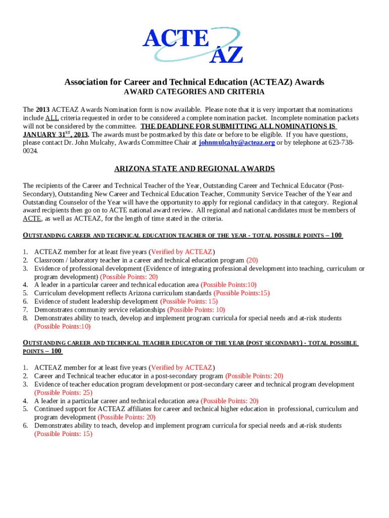 ASSOCIATION FOR CAREER AND TECHNICAL EDUCATION (ACTEAZ) AWARDS Doc ...